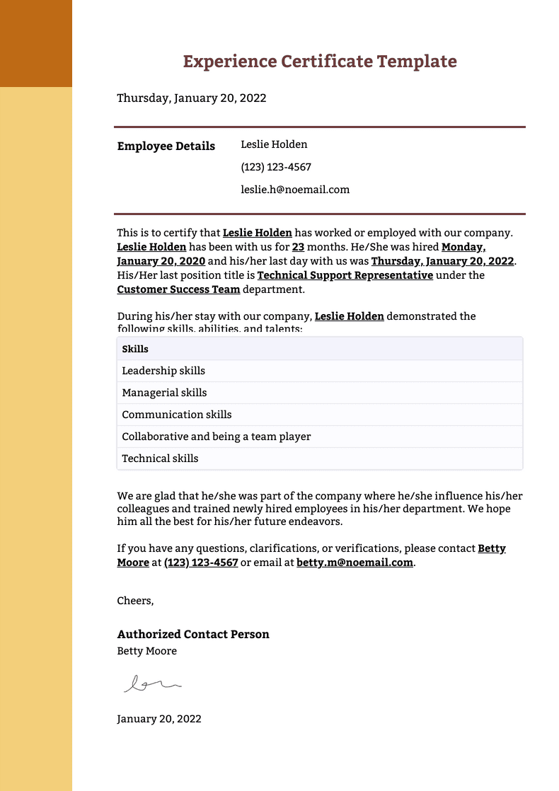 Safety Officer Experience Certificate