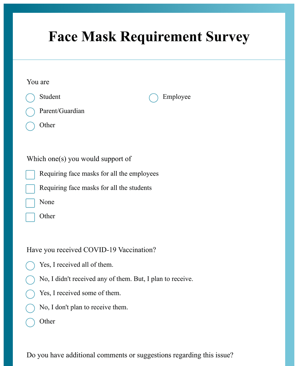 Face Mask Requirement Survey Form Template | Jotform