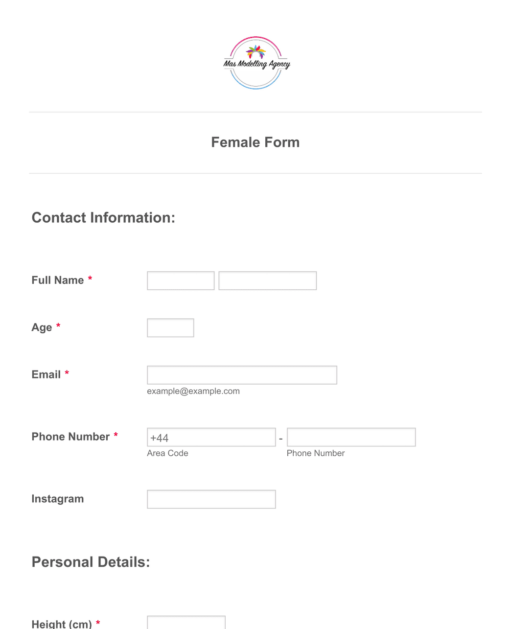 Female Model Application Form Template | Jotform
