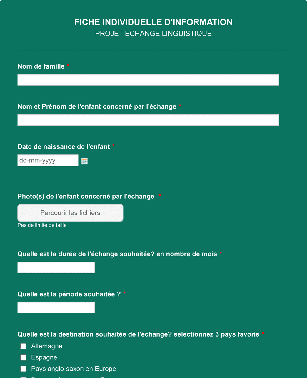 FICHE INDIVIDUELLE D'INFORMATION Modèle du formulaire | Jotform