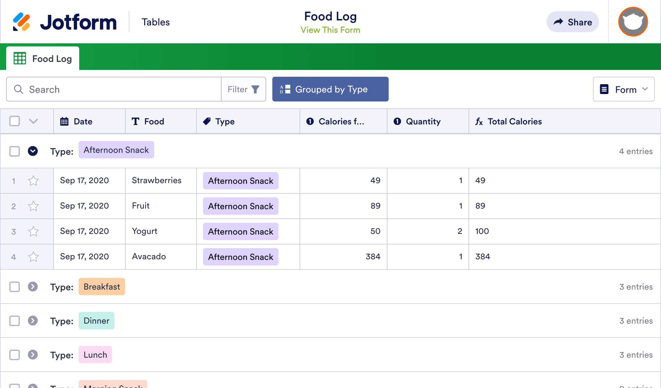 Food Log Template Jotform Tables