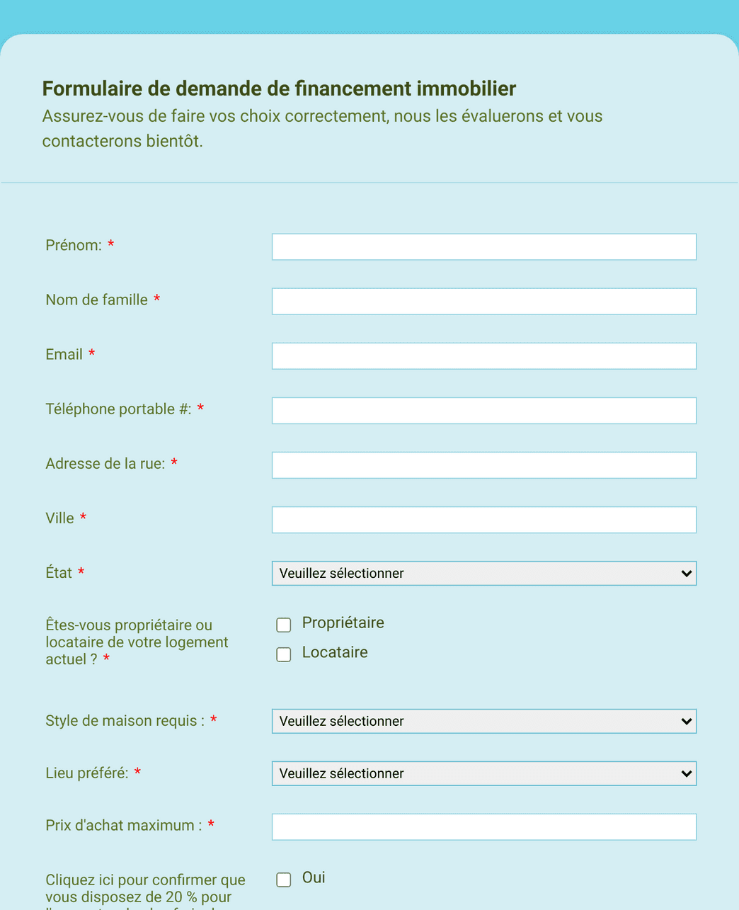 Formulaire de demande de financement immobilier Modèle du formulaire | Jotform