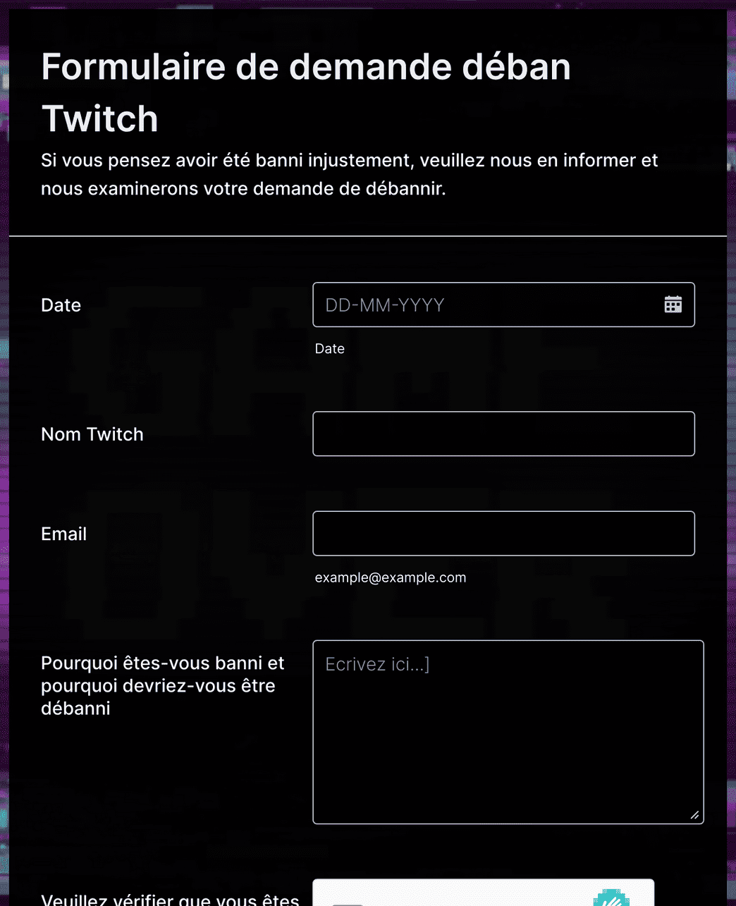 Formulaire de demande déban Twitch Modèle du formulaire | Jotform