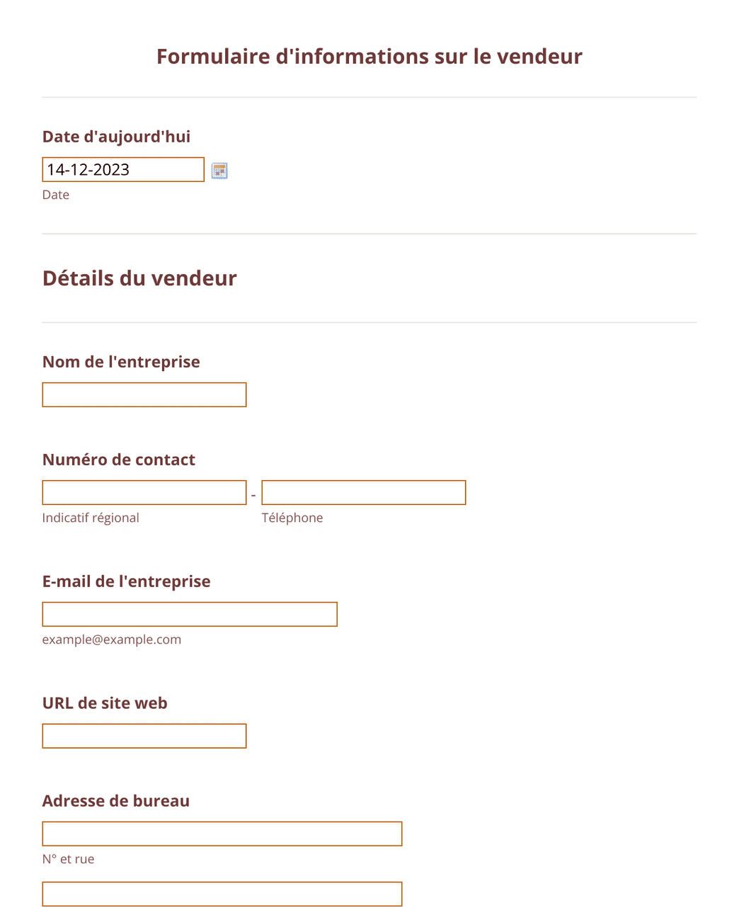 Formulaire d'informations sur le vendeur Modèle du formulaire | Jotform