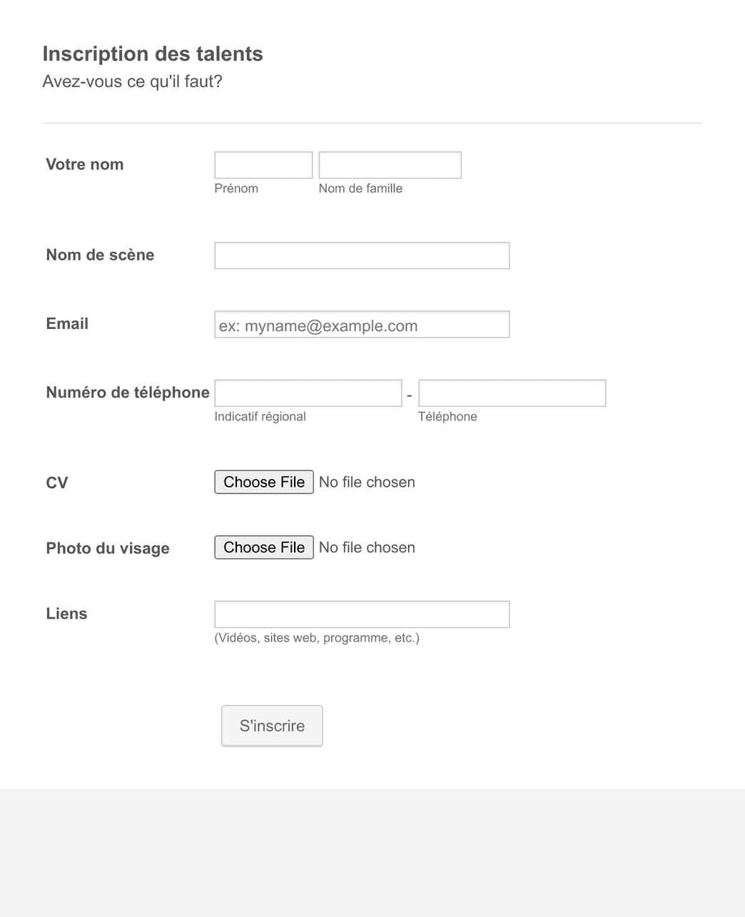 Formulaire d'inscription des talents Modèle du formulaire | Jotform