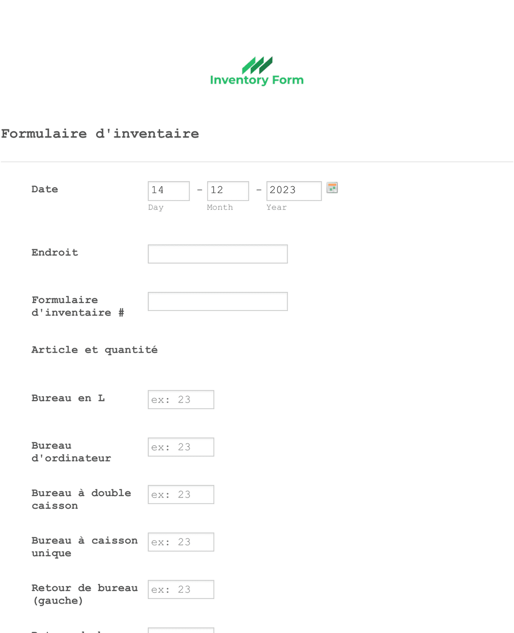 Formulaire d'inventaire Modèle du formulaire | Jotform