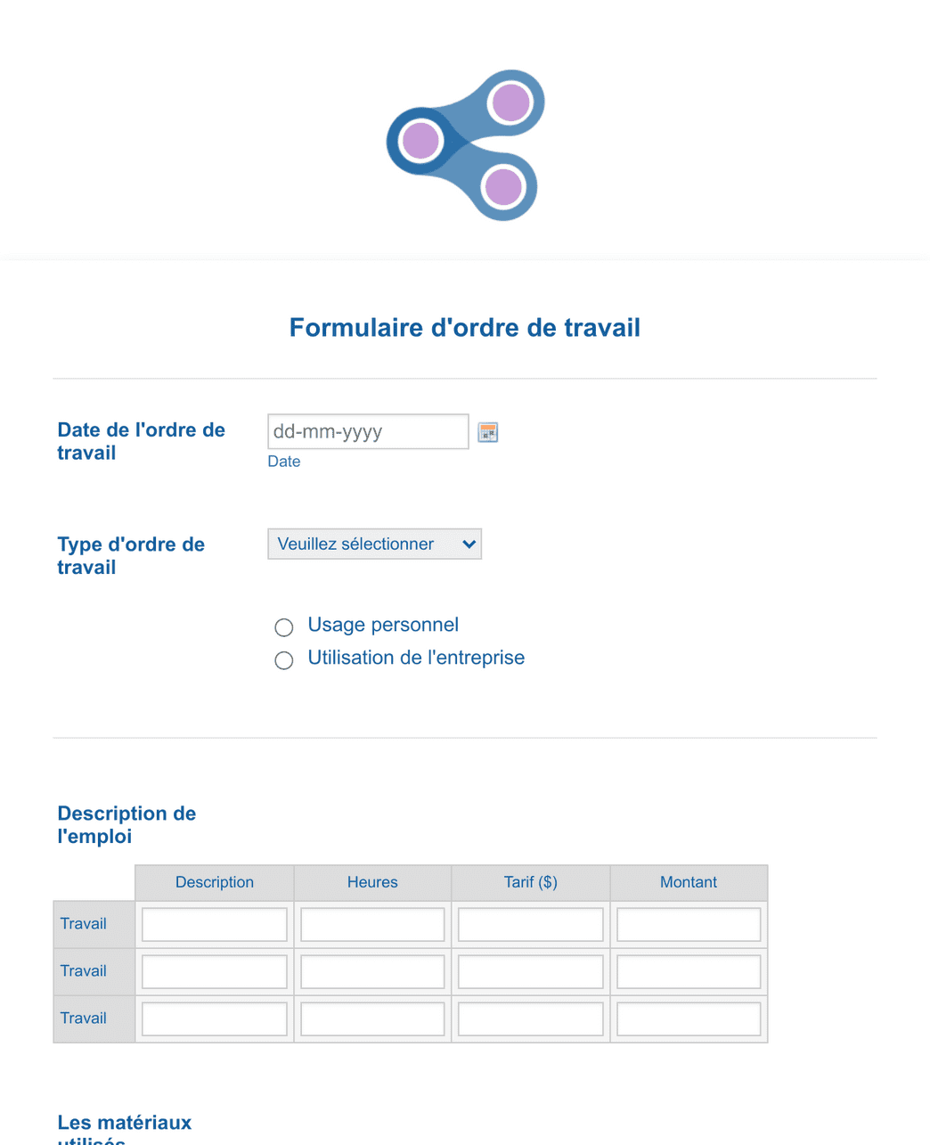 Formulaire d'ordre de travail Modèle du formulaire | Jotform