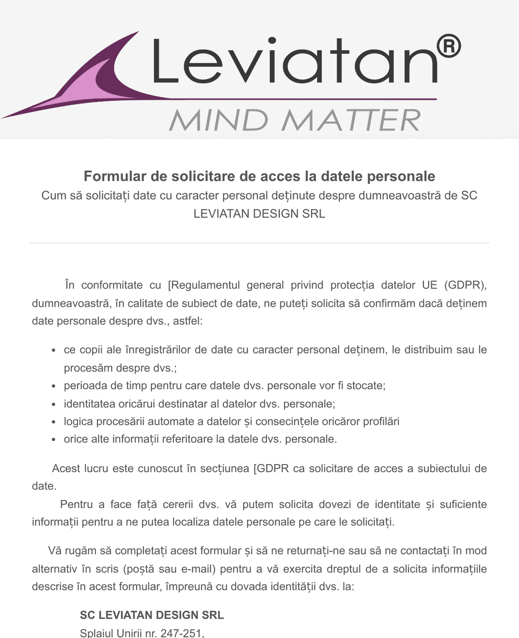 Formular de solicitare de acces la datele personale-LEVIATAN Form ...
