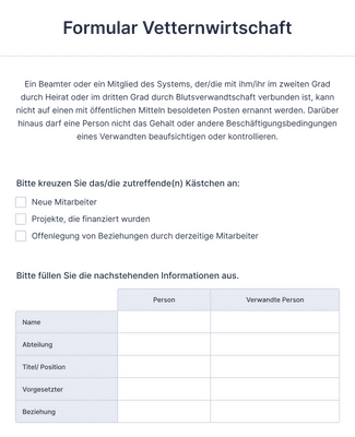 Formular Vetternwirtschaft Formularvorlage | Jotform