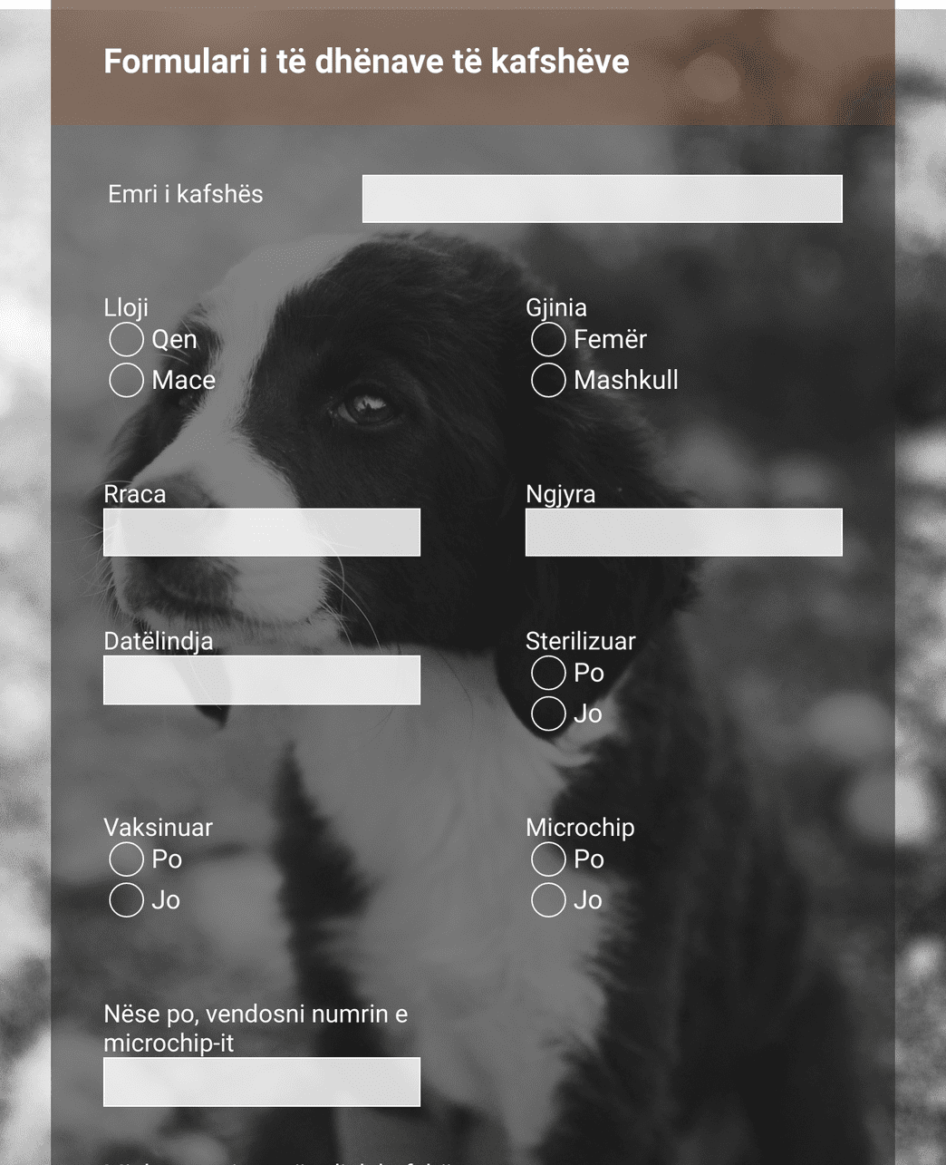 Formulari i të dhënave të kafshëve Form Template | Jotform