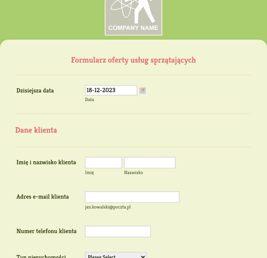 Formularz Oferty Usług Sprzątających Szablon Formularza | Jotform