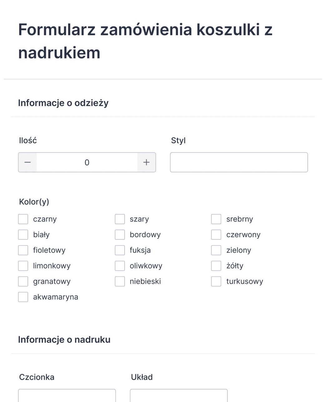 Formularz Zamówienia Koszulki z Nadrukiem Szablon Formularza | Jotform