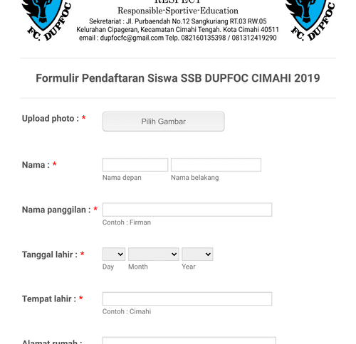 Formulir Pendaftaran Siswa SSB DUPFOC CIMAHI 2019 final Template Formulir | Jotform