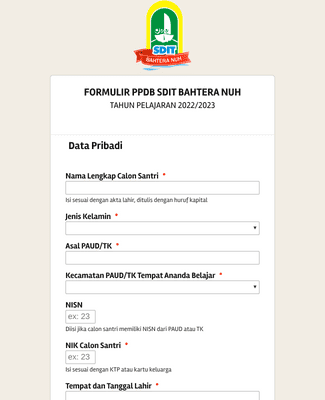 Formulir PPDB SDIT Bahtera Nuh TP. 2021/2022 Template Formulir | Jotform