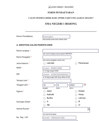 FORMULIR PPDB SMA NEGERI 1 BOJONG Template Formulir | Jotform