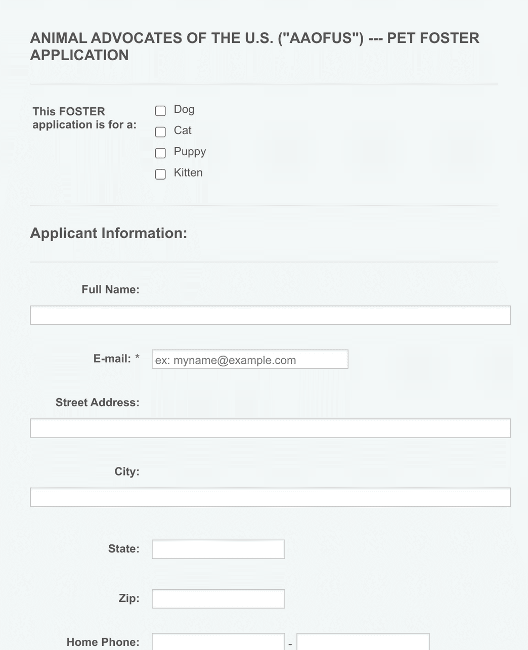 Foster ANIMAL ADVOCATES OF THE U.S. --- ADOPTION APPLICATION Form ...