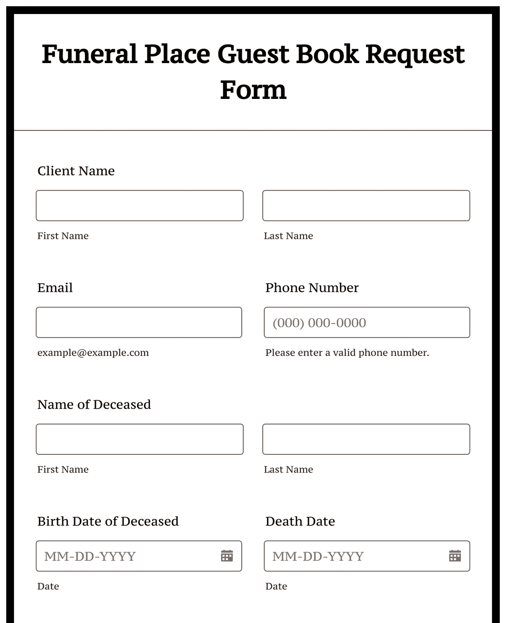 Funeral Place Guest Book Request Form Template | Jotform