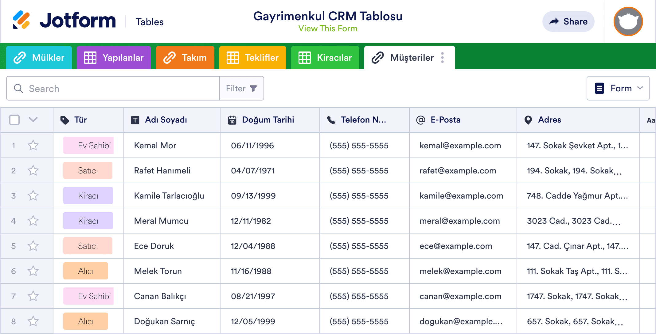 Gayrimenkul CRM Tablosu Şablon | Jotform Tables