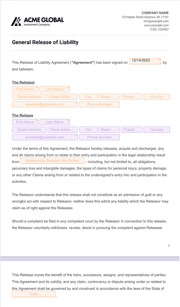 General Release of Liability Form - Sign Templates | Jotform