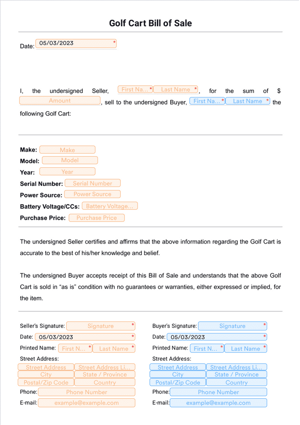 Golf Cart Bill Of Sale Sign Templates Jotform