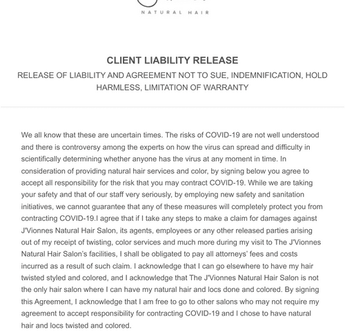 Hair Salon Client Liability Release Form Template | Jotform