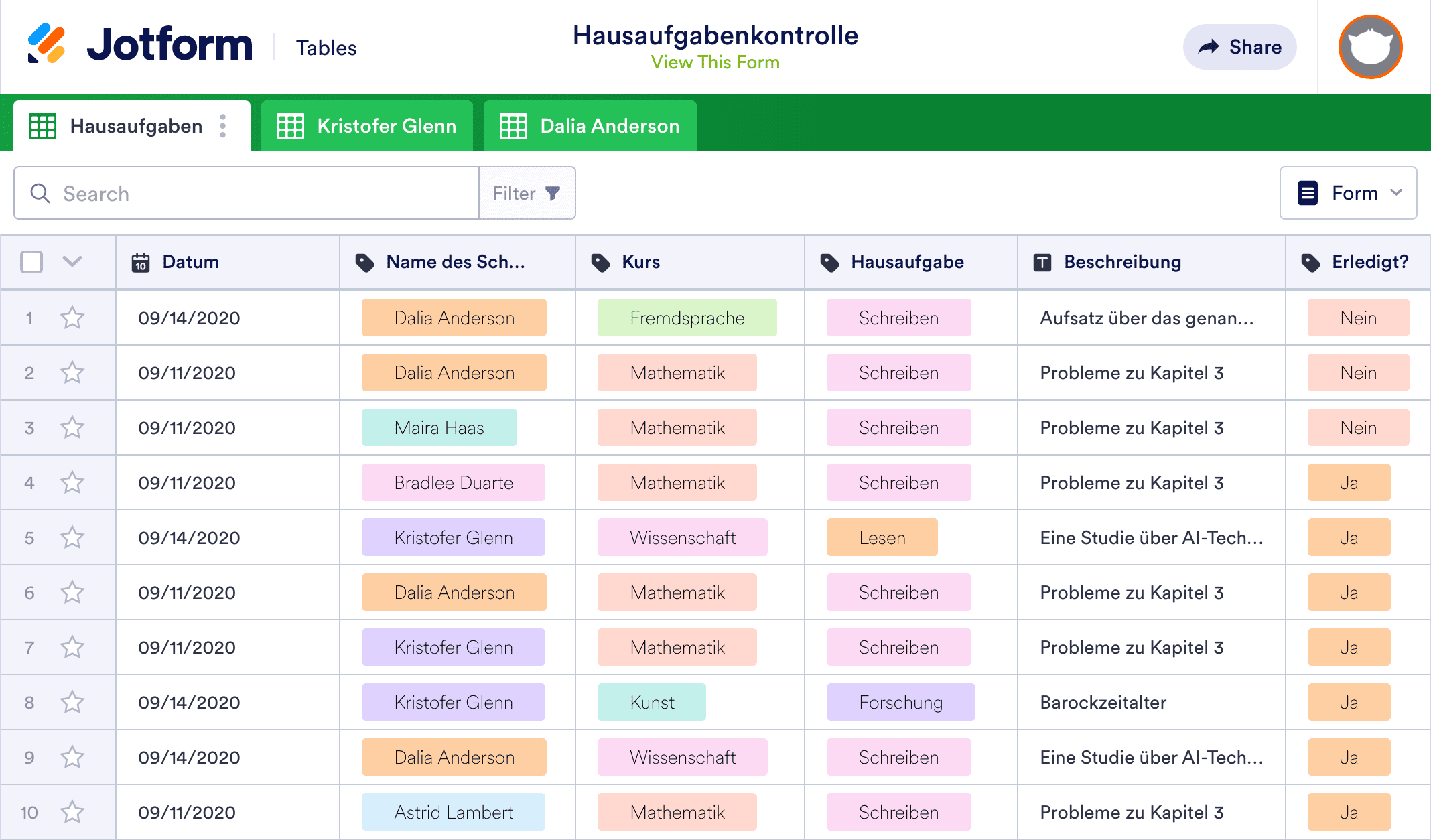 Hausaufgabenkontrolle Vorlage | Jotform Tables