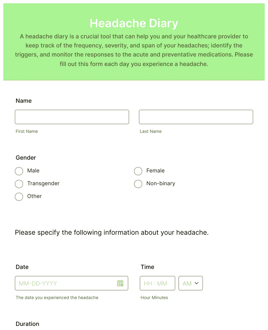 Headache Diary Form Template | Jotform