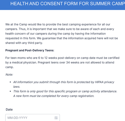 Health and Consent Form for Summer Camp Form Template | Jotform