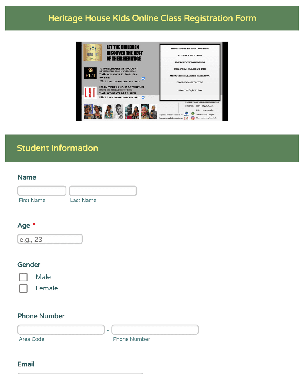 Heritage House Kids Online Class Registration Form Template | Jotform