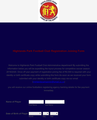 Highlands Football Club Pre-Tryout Club Registration Form Template ...