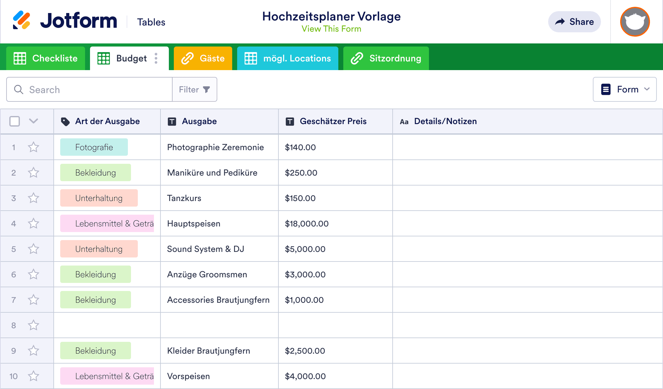 Hochzeitsplaner Vorlage Vorlage | Jotform Tables