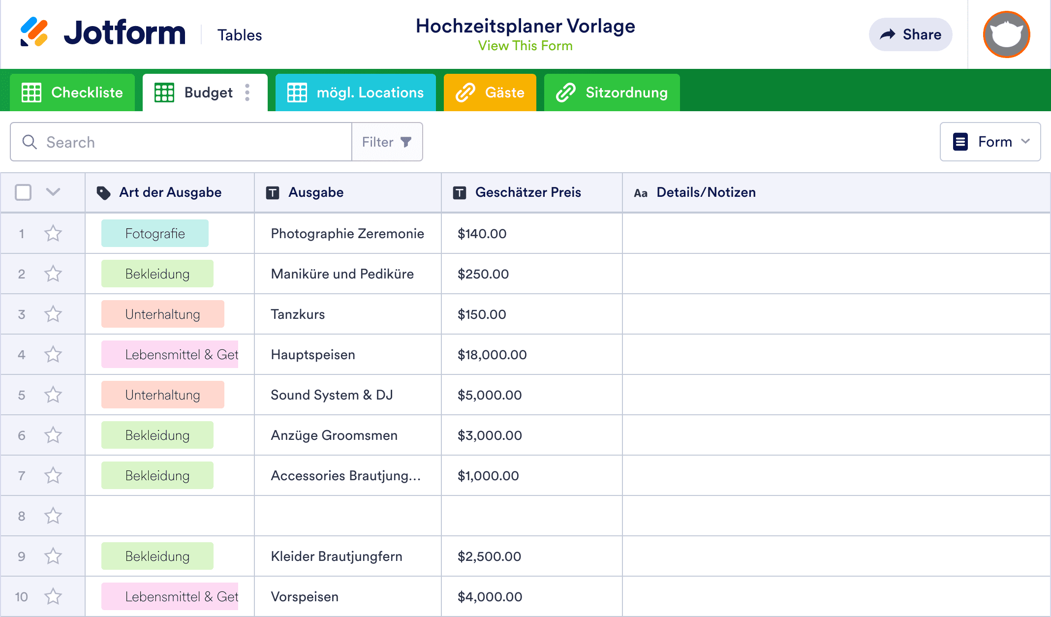Hochzeitsplaner-Vorlage Vorlage | Jotform Tables