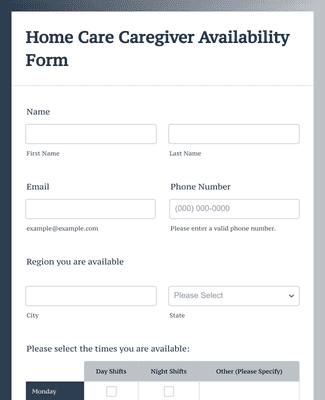 Home Care Caregiver Availability Form Template | Jotform
