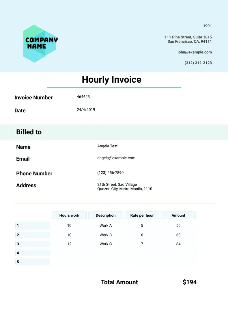 Hourly Invoice Template - PDF Templates | Jotform