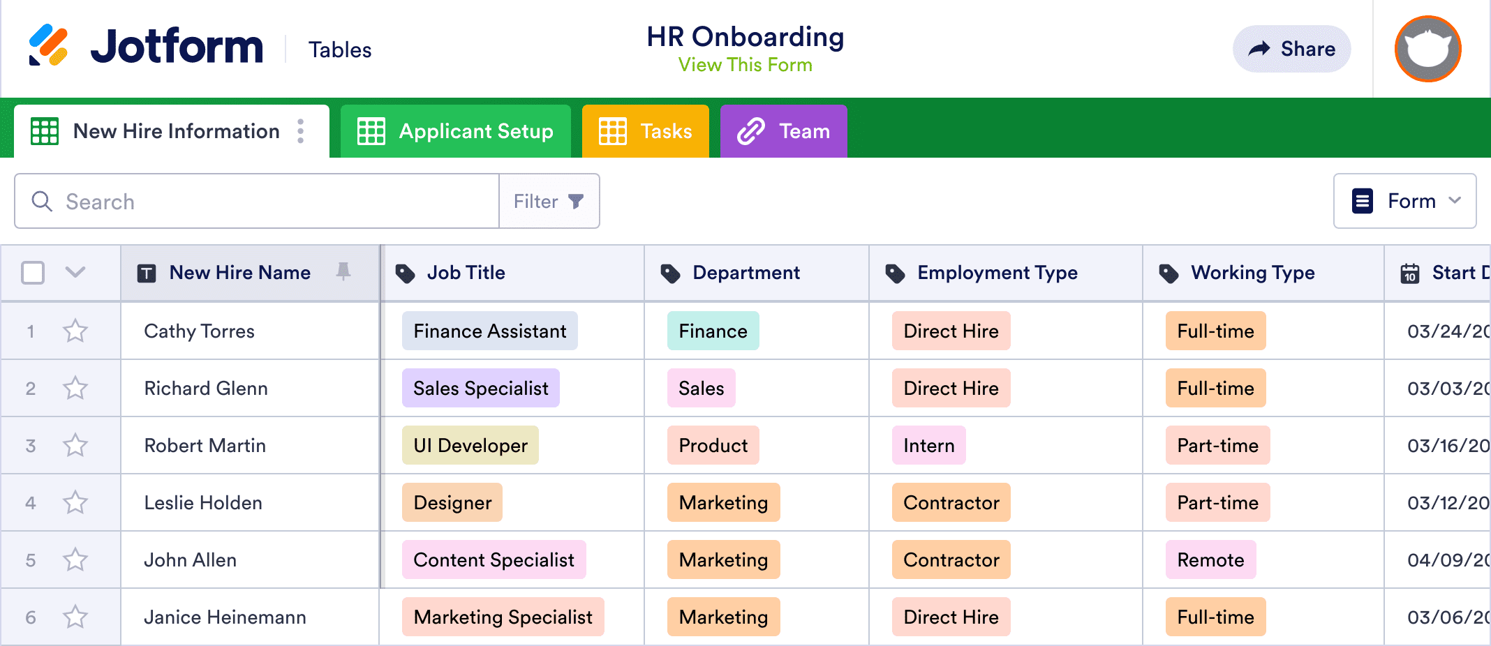 HR Onboarding Template | Jotform Tables