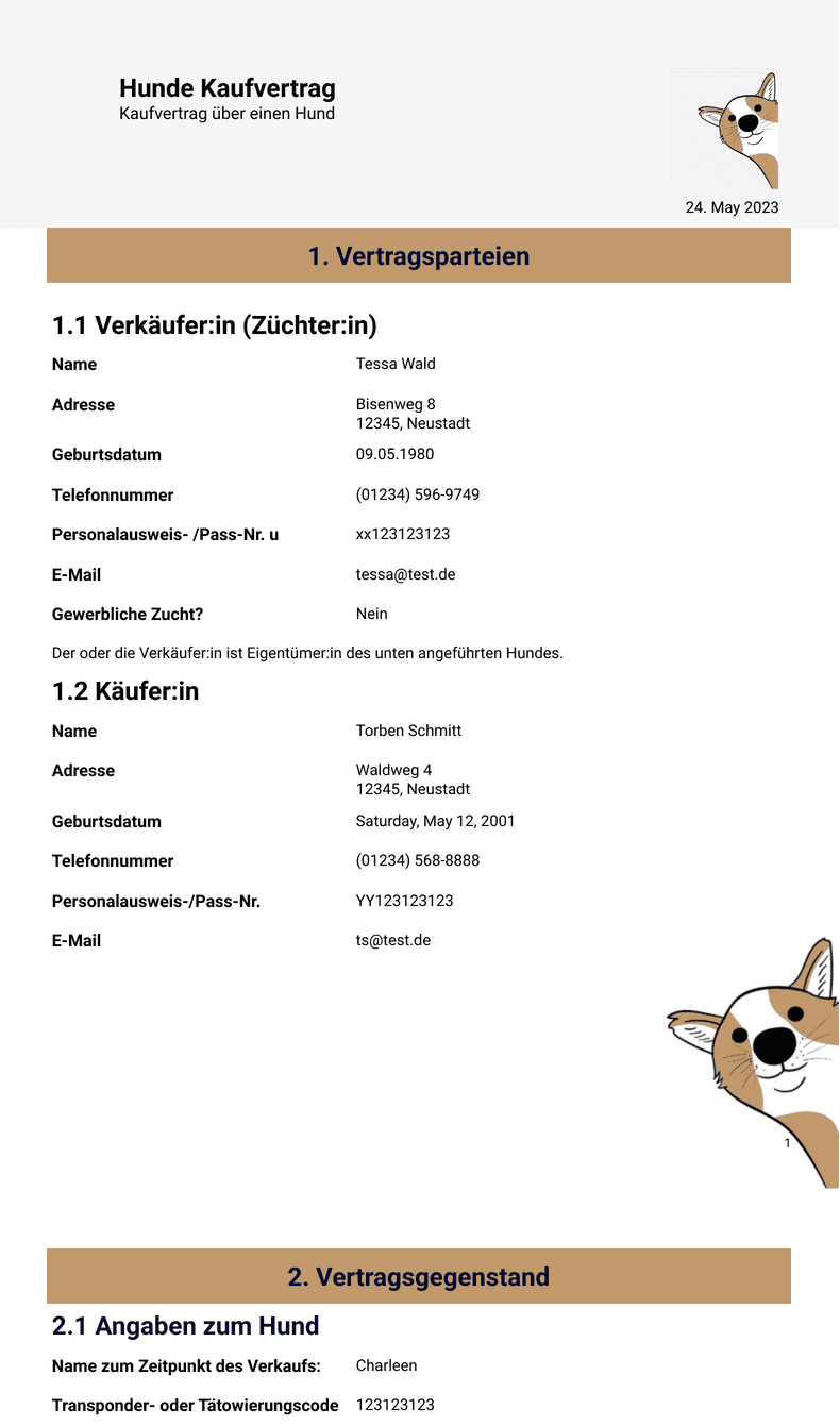 Hunde Kaufvertrag Vorlage