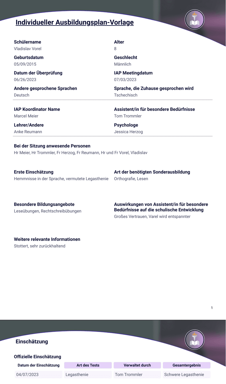 Indivdueller Ausbildungsplan-Vorlage - PDF-Vorlagen | Jotform