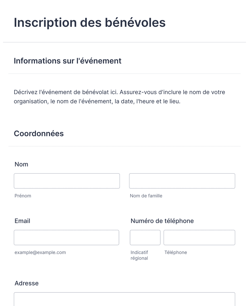 Inscription des bénévoles Modèle du formulaire | Jotform
