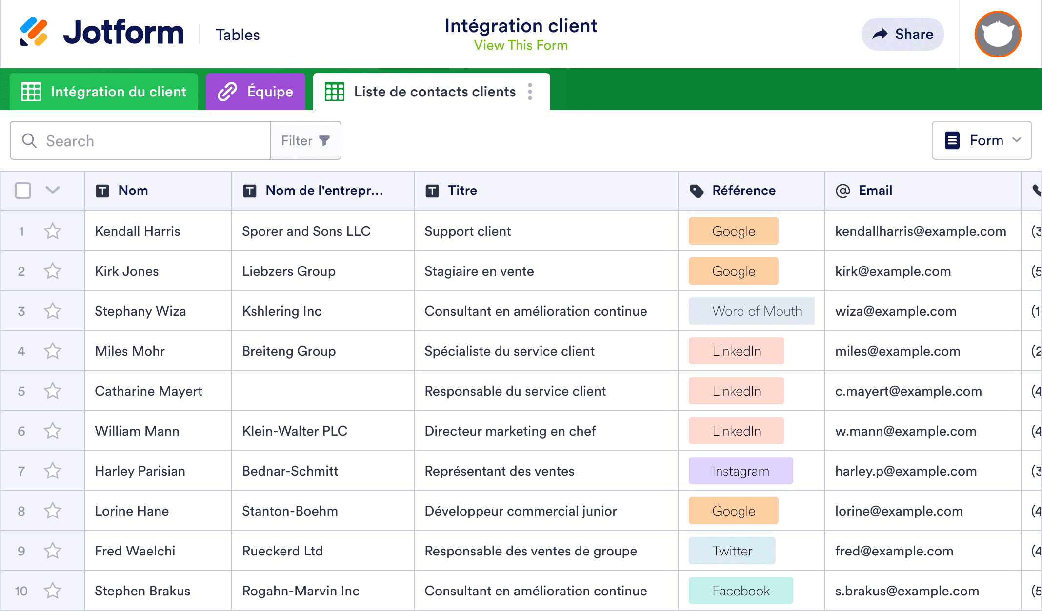 Intégration client Modèle | Jotform Tables
