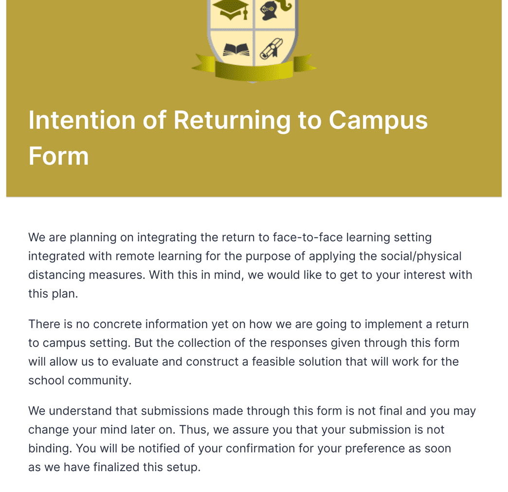Intention of Returning to Campus Form Template | Jotform