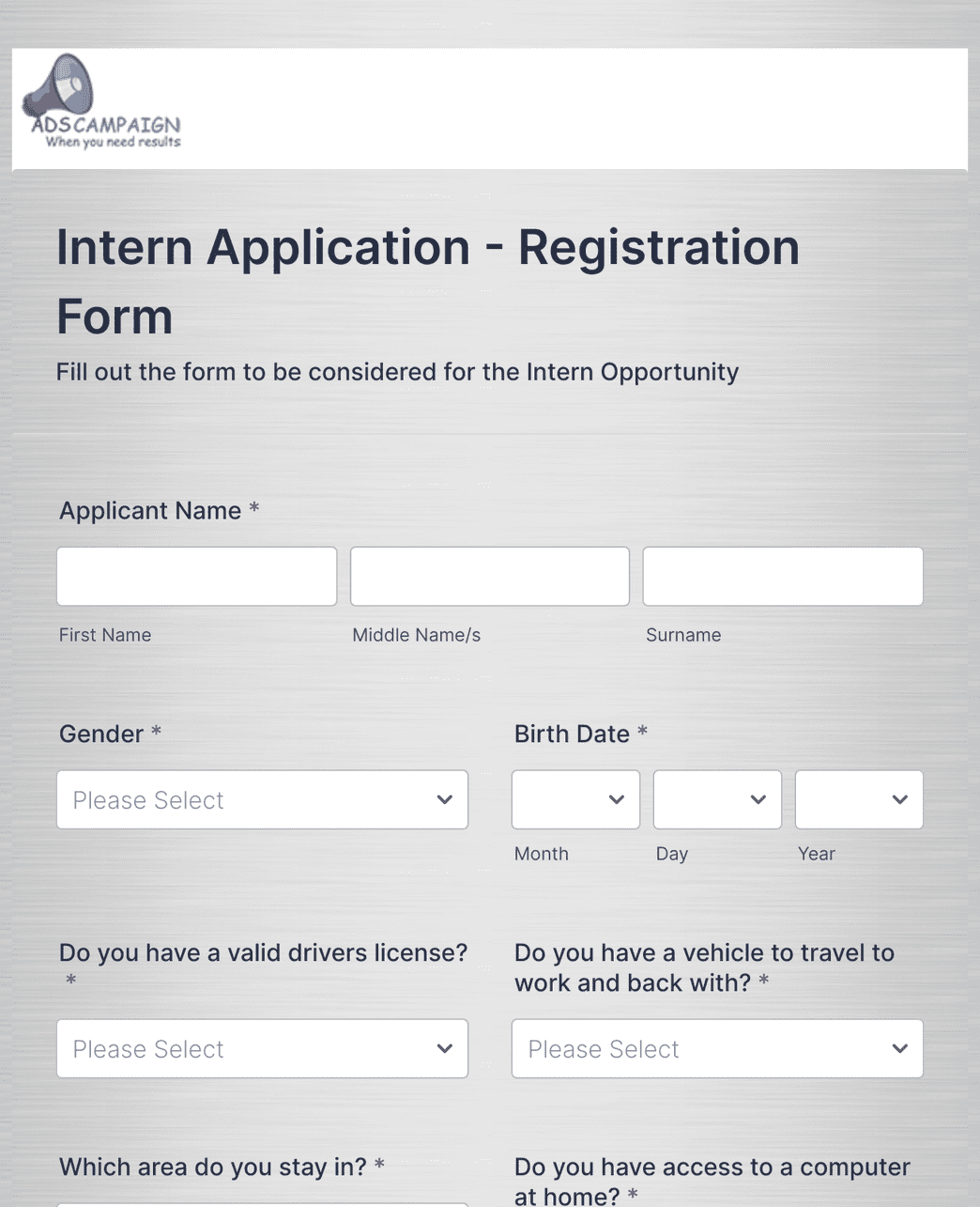 Internship Applicant Registration Form Template | Jotform