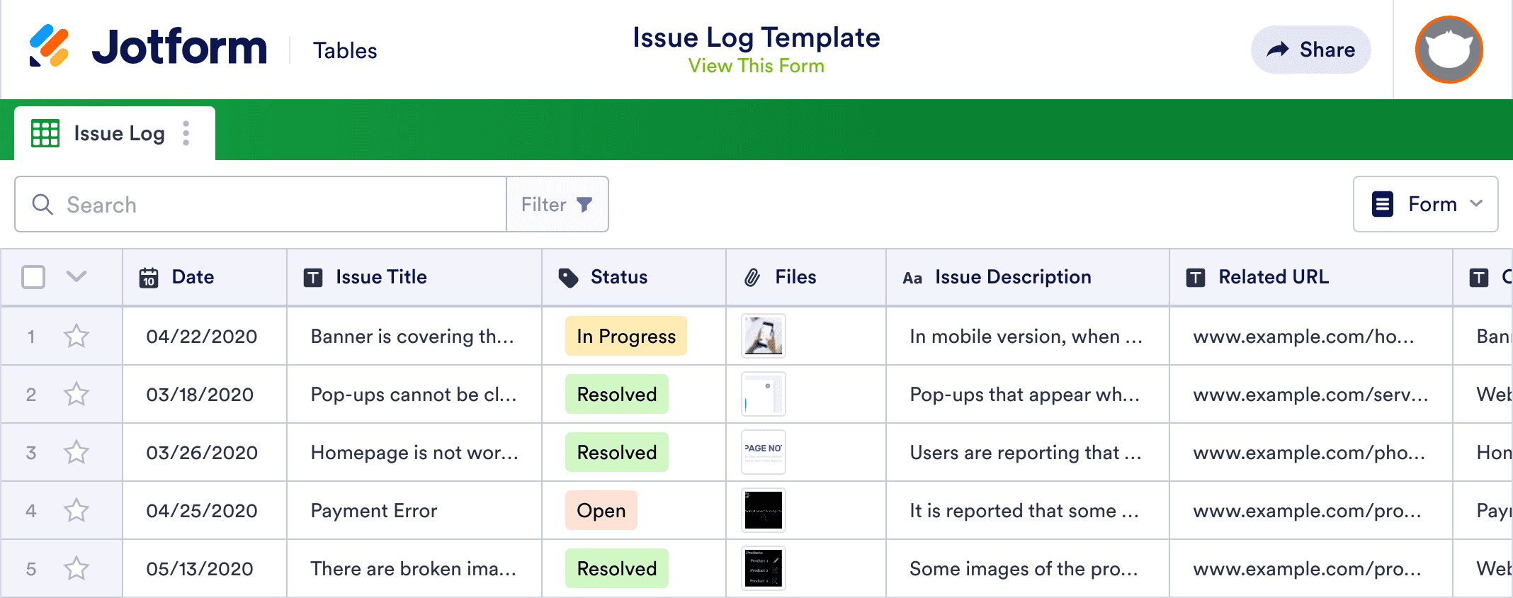 Issue Log Template Jotform Tables issue-log-template-jotform-tables