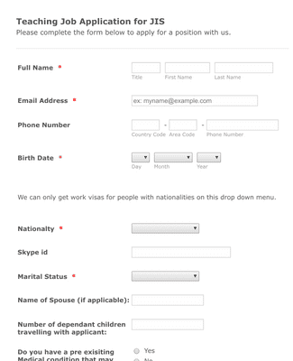 Teaching Job Application for JIS Form Template | Jotform