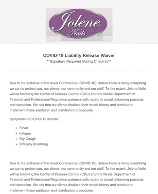 Jolene Nails COVID-19 Liability Release Waiver Form Template | Jotform