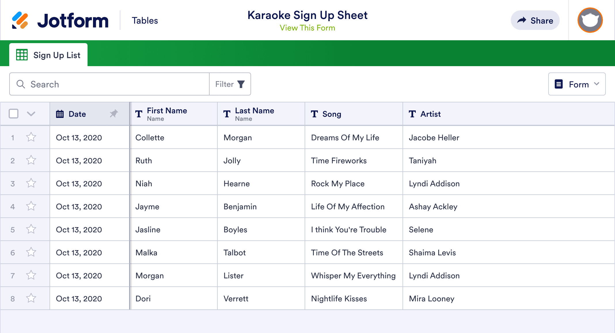Karaoke Sign Up Sheet Template | Jotform Tables