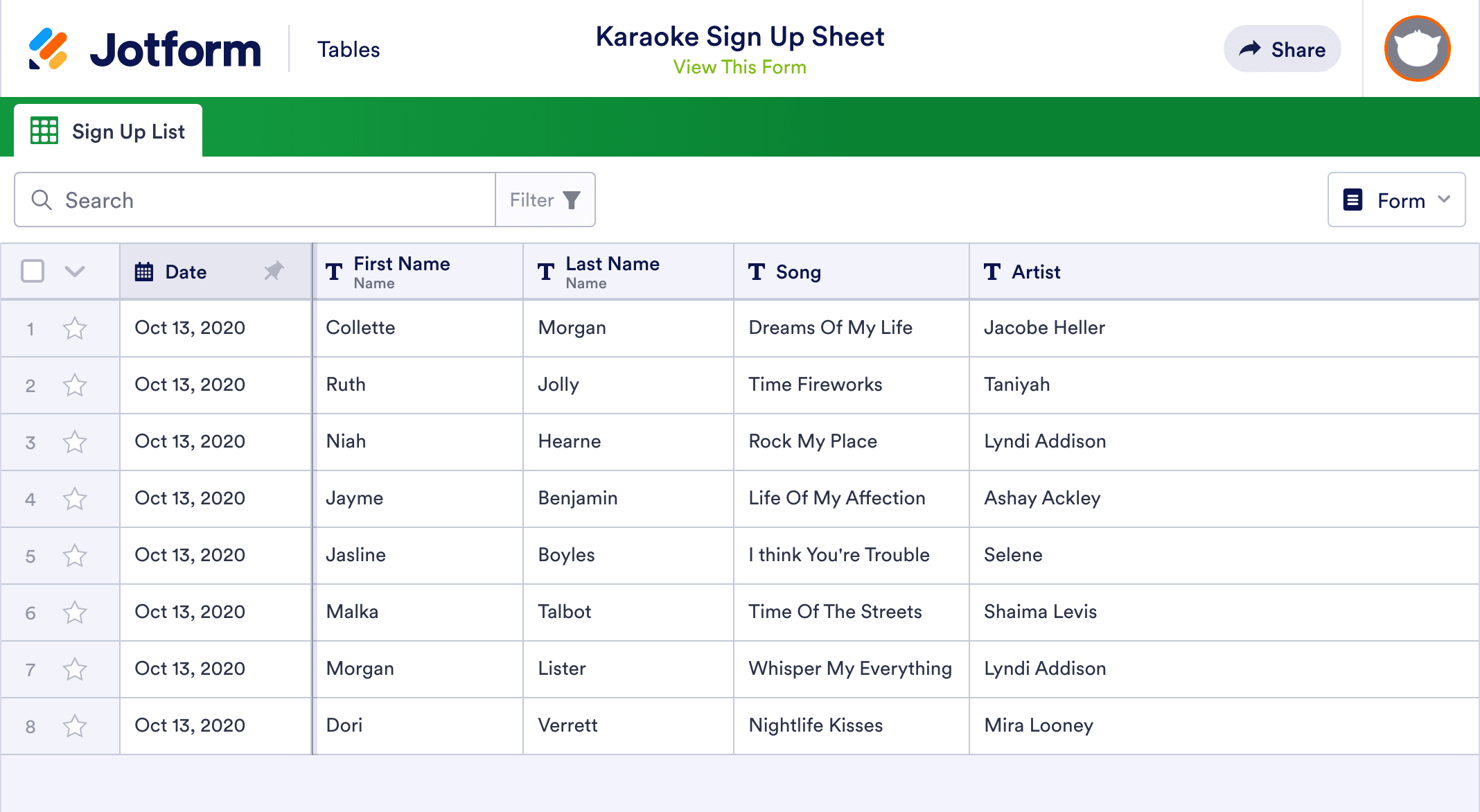 Karaoke Sign Up Sheet Template Jotform Tables