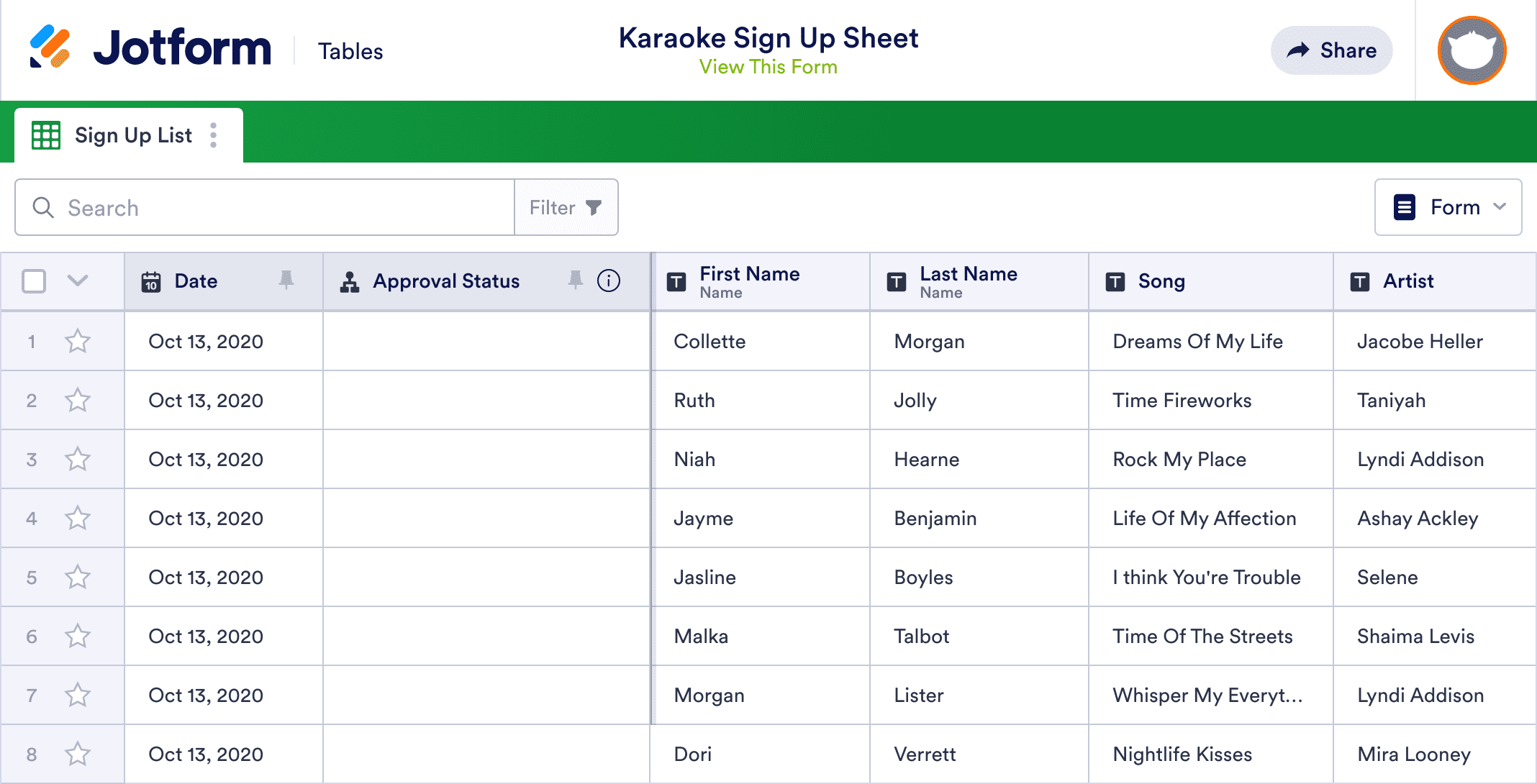 Karaoke Sign Up Sheet Template Jotform Tables