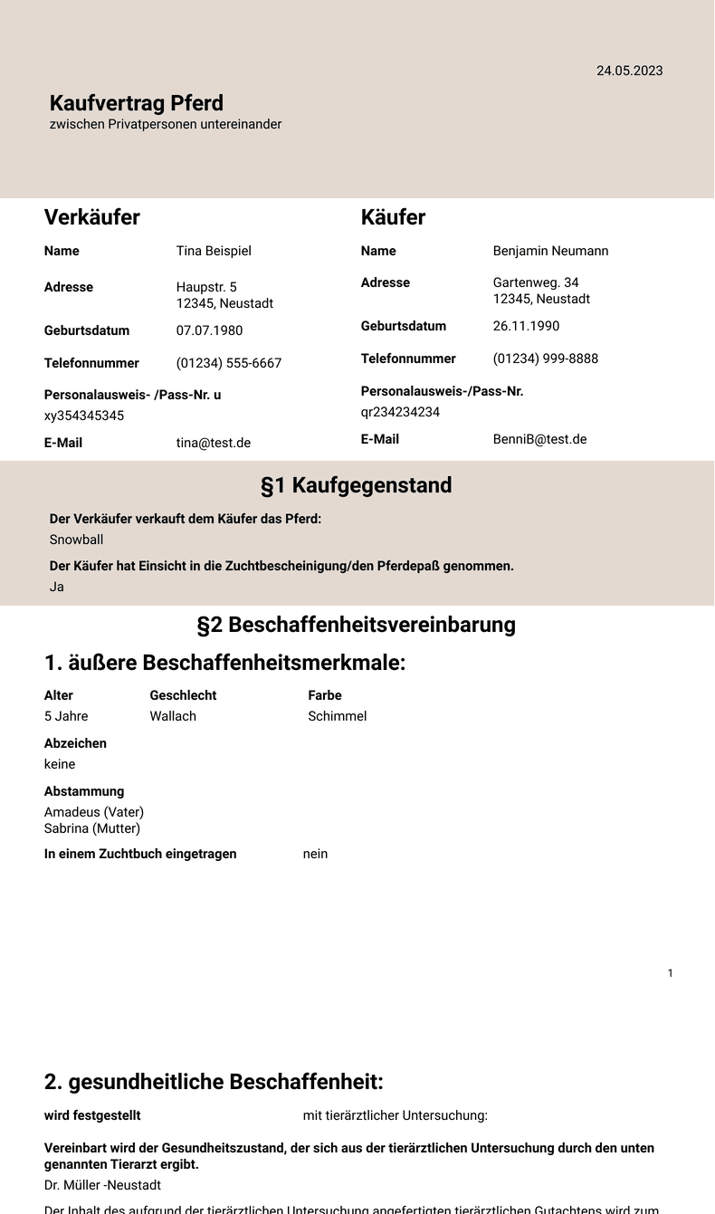 Kaufvertrag Pferd - PDF-Vorlagen | Jotform