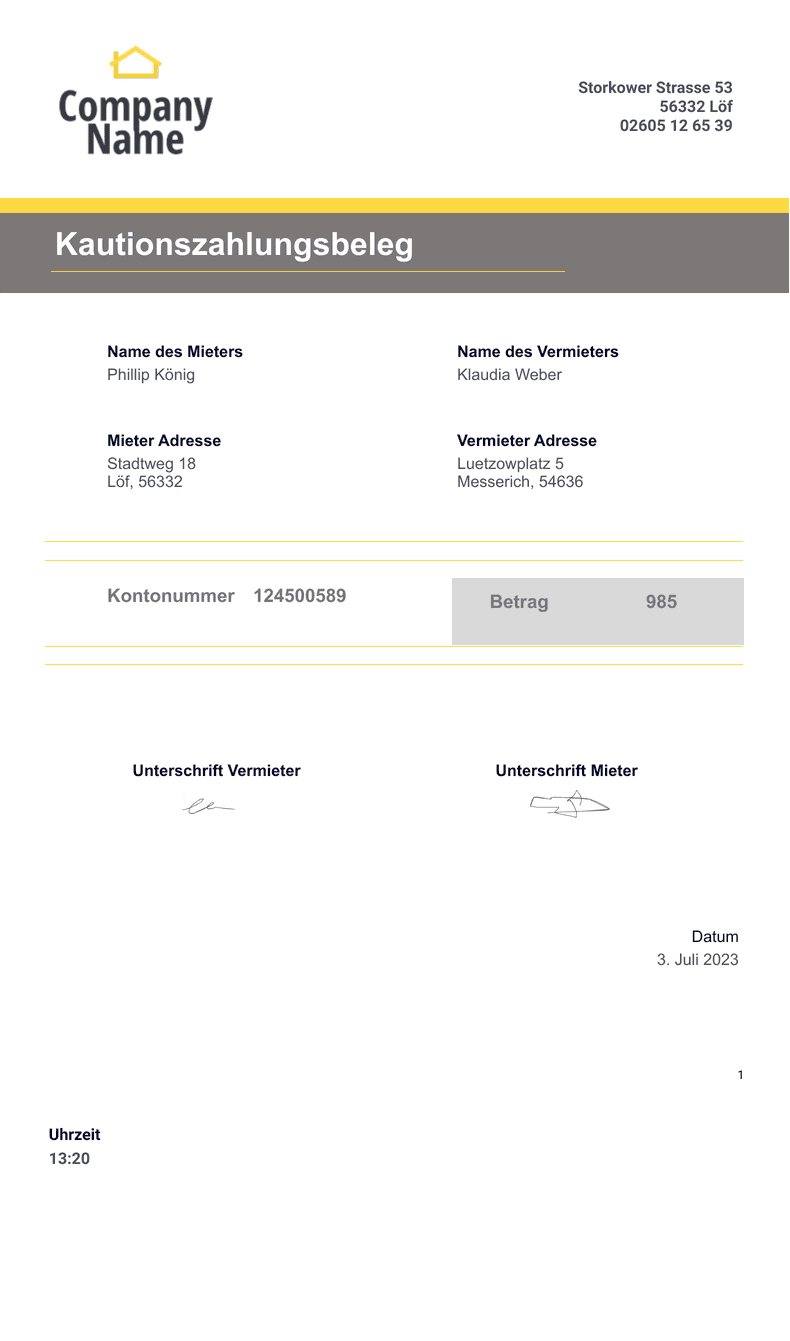 Kautionszahlungsbeleg Vorlage - PDF-Vorlagen | Jotform