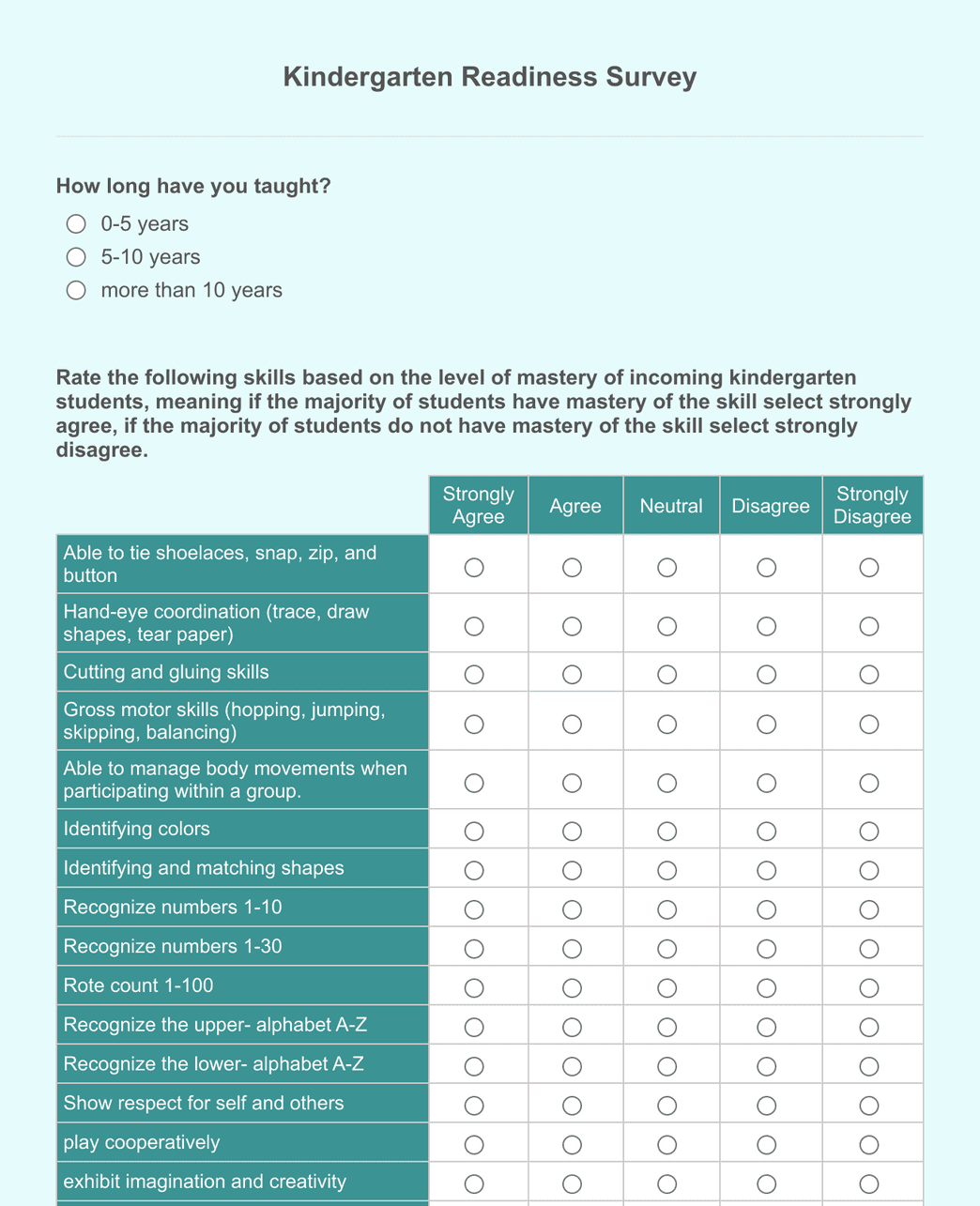 Kindergarten Readiness Survey Form Template | Jotform